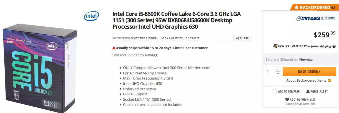 Newegg, Intel Core 8000의 제한된 가용성 확인 11507_5