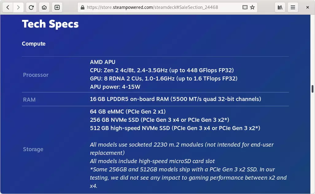 Mga pagtutukoy ng Steam Deck ayon sa English website