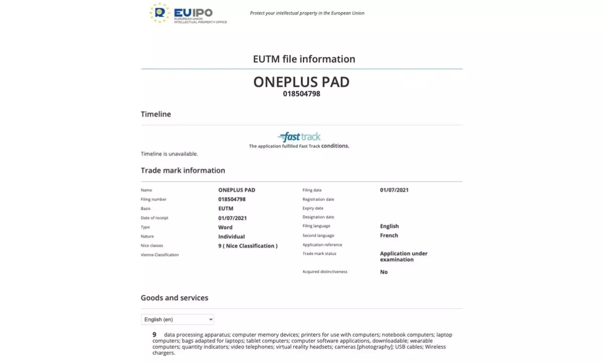 OnePlus Pad EUIPO marca comercial