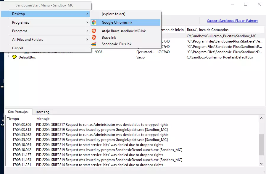 Running an installed application inside a sandbox