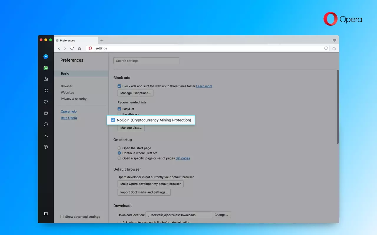 Fitur kanggo mblokir Opera 50 cryptocurrency pertambangan