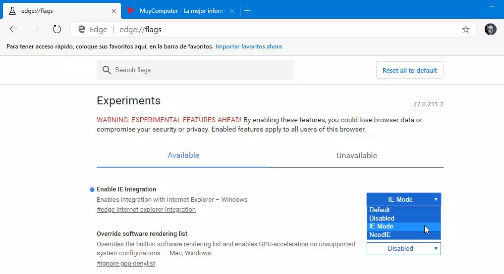 Ọnọdụ Microsoft Edge IE