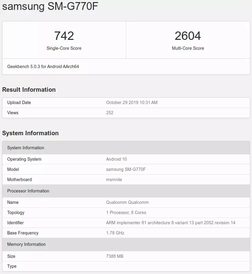 Samsung Galaxy S10 Lite zvawanikwa paGeekbench