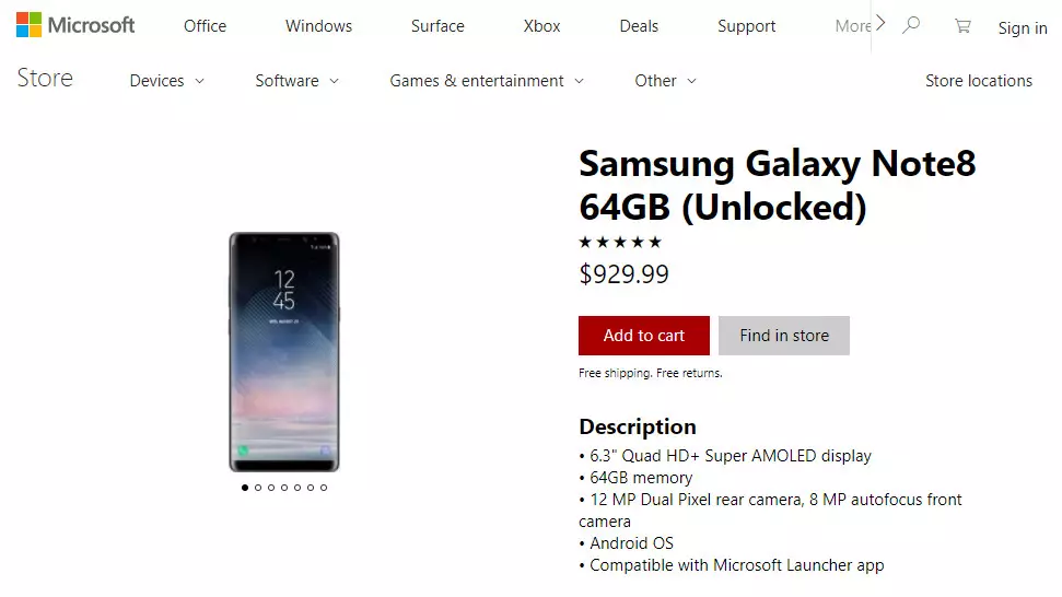 Microsoft imakonda Android ndipo imagulitsa Galaxy Note 8 mu Microsoft Store 38532_2